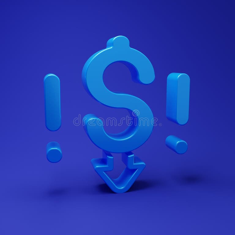 Blue Dollar Rate Decrease Icon Isolated on Blue Background. Cost Reduction. Money Symbol with ...