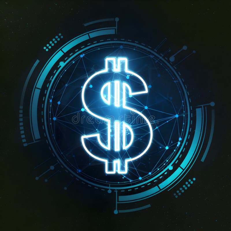 Blue Dollar Sign in Circular Interface, Surrounded by Dots and Lines ...