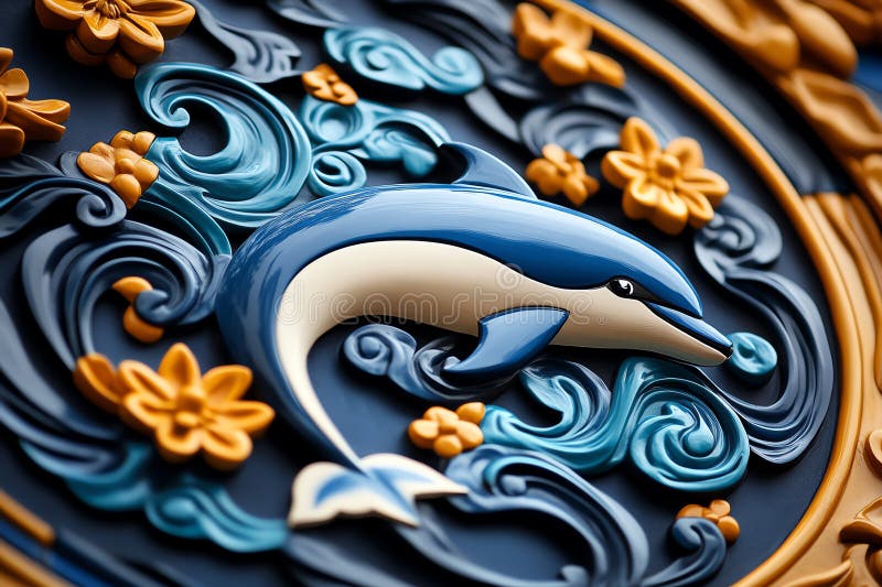 A Blue Dolphin Leaps through Intricate Floral and Wave Patterns in a 3D ...