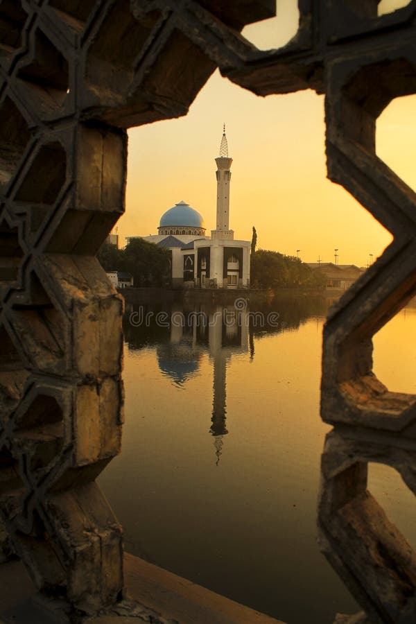 Blue Dome Mosque on the Lake Shore Stock Image - Image of wood, light ...