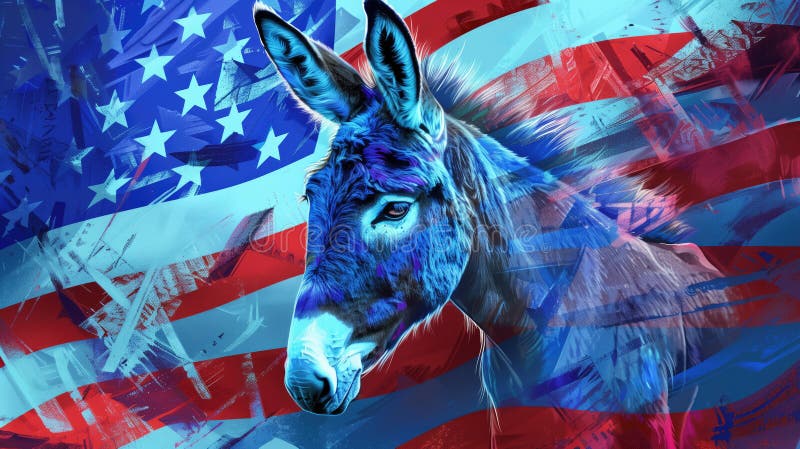 Blue Donkey in Front of an Abstract American Flag with Geometric ...
