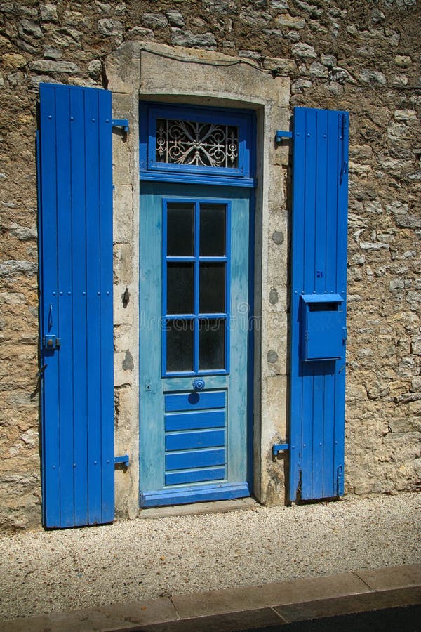 Blue Door with Shutters, France Stock Photo - Image of european, france ...