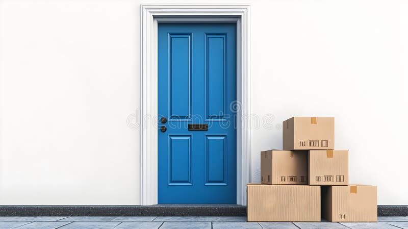 Blue Door with Stacked Cardboard Boxes on Sidewalk Stock Photo - Image ...