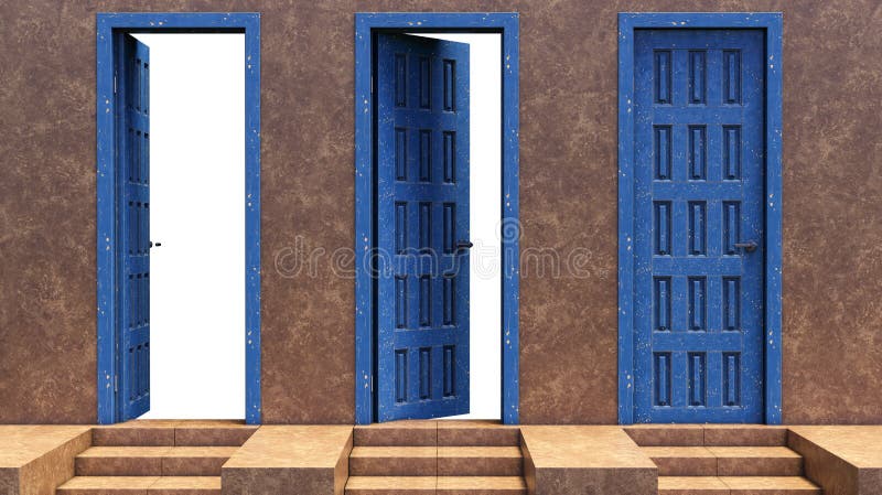 Blue Doors Set. Front View Opened and Closed Door Stock Illustration ...