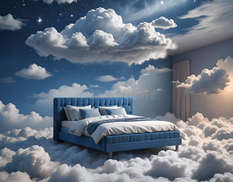 Blue Double Bed Hovering in Night Clouds, Sleeping Concept Stock ...