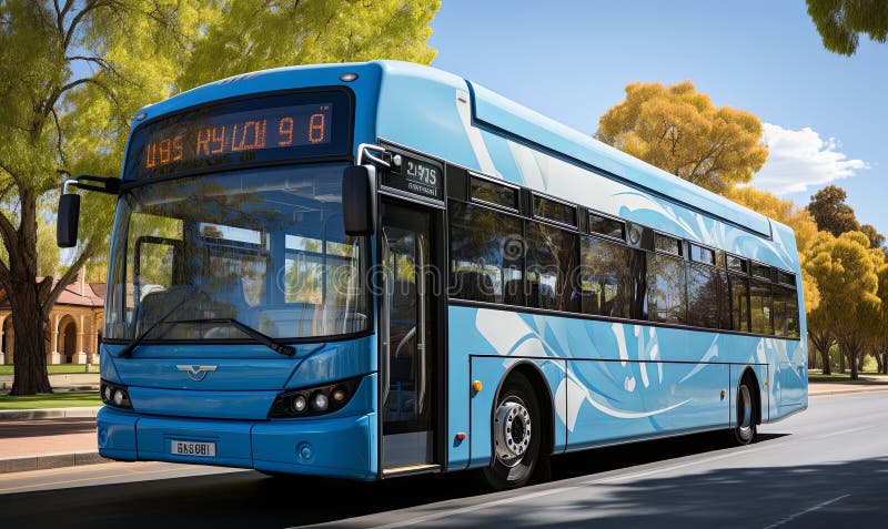 Blue Double Decker Bus Driving Along Tree-Lined Street Stock Photo ...