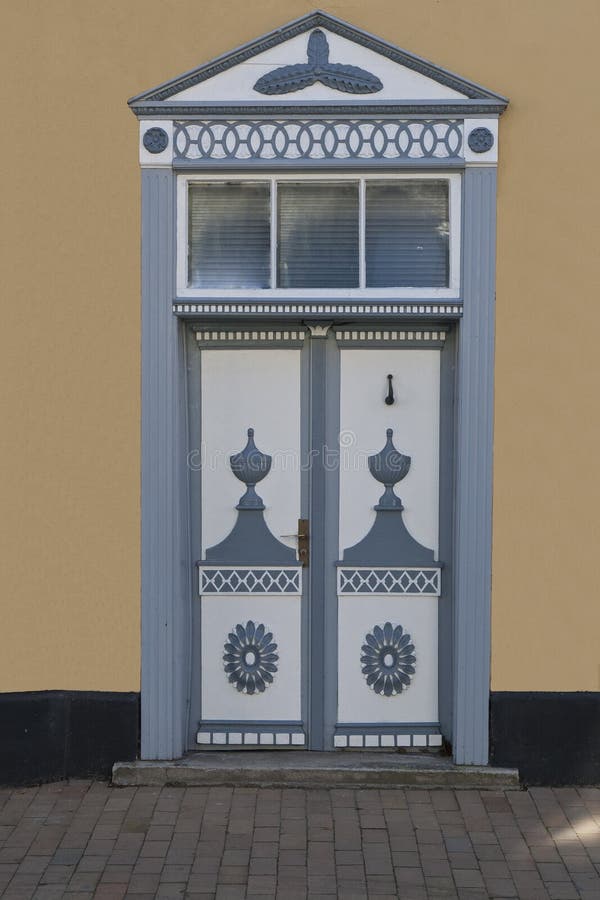 Blue double front door stock image. Image of exit, pavement - 49325875