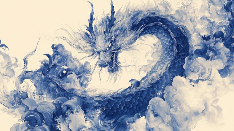 Blue Dragon in Clouds Ink Wash Painting Stock Illustration ...