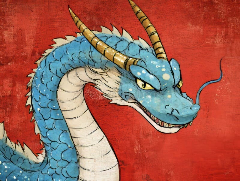 A Blue Dragon Head, Roaring with a Red Sun and Clouds in the Background ...