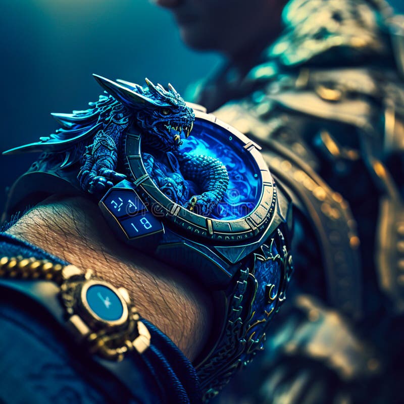 Blue Dragon Looking at a Smart Watch on the Wrist, Generative AI Stock ...