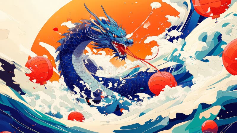 A Blue Dragon with a Menacing Look Set Against a Turbulent Ocean ...