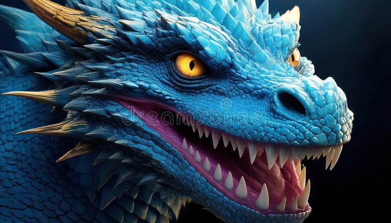 A Blue Dragon S Face with Sharp Teeth and Piercing Eyes. Stock ...