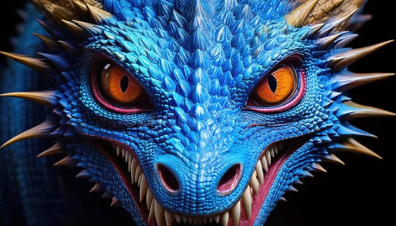 A Blue Dragon S Face with Sharp Teeth and Piercing Eyes. Stock ...