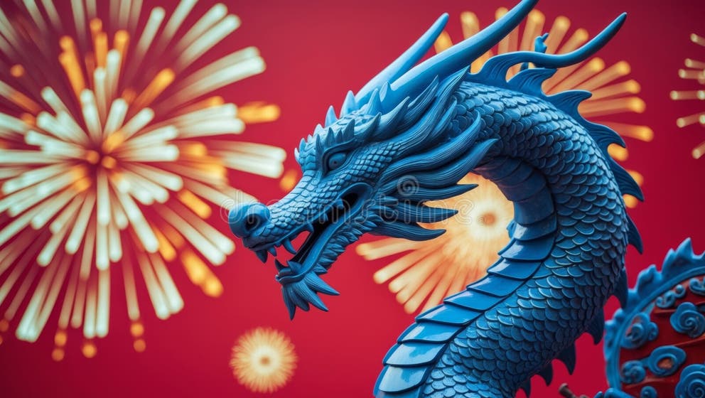 Blue Dragon Statue on Red Background with Fireworks Design Stock Photo ...