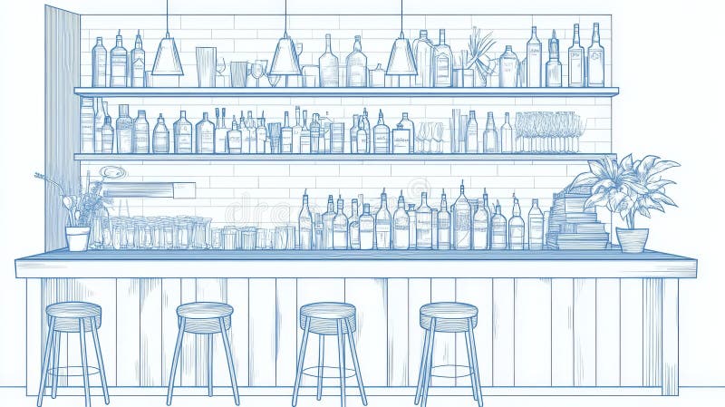 A Blue Drawing of a Bar Counter Featuring Seating and Bottles, Possibly ...