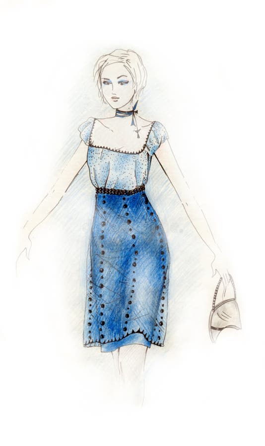 Blue Dress Fashion Illustration Stock Illustration - Illustration of ...