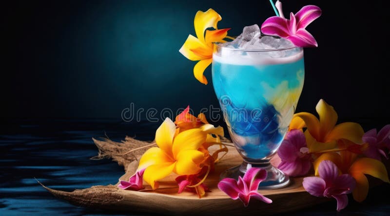 A Blue Drink with Ice and Flowers Stock Illustration - Illustration of ...