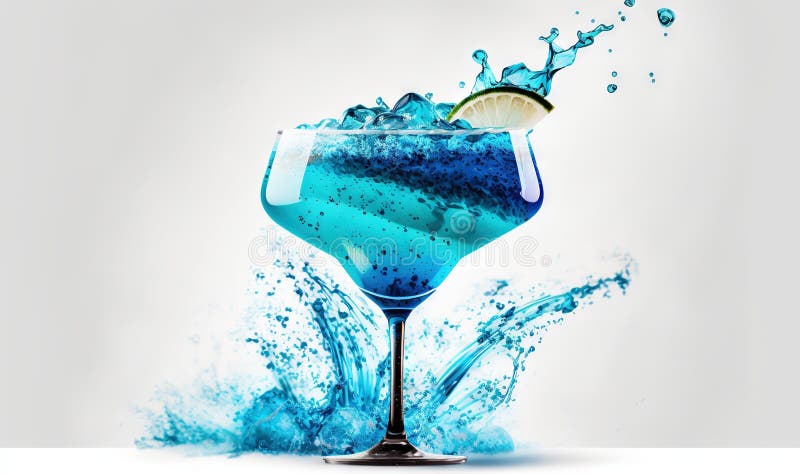 A Blue Drink with a Lemon Slice in it and Splashing Water Stock ...