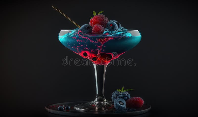 A Blue Drink with Raspberries and Blue Liquid in a Glass Stock ...