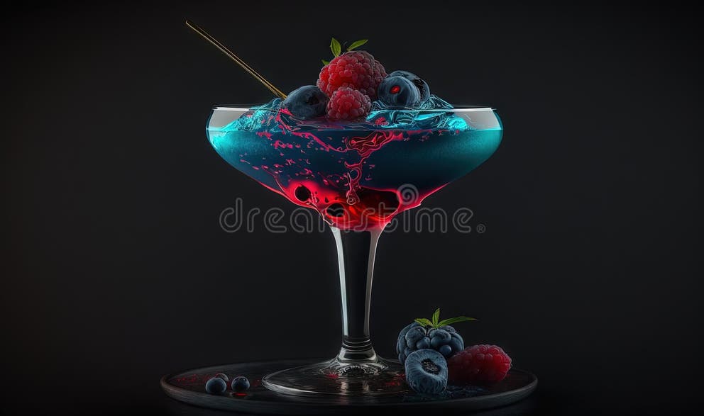 A Blue Drink with Raspberries and Blue Liquid in a Glass Stock ...