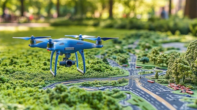 Blue Drone on Miniature Cityscape Model in Green Park Stock Image ...