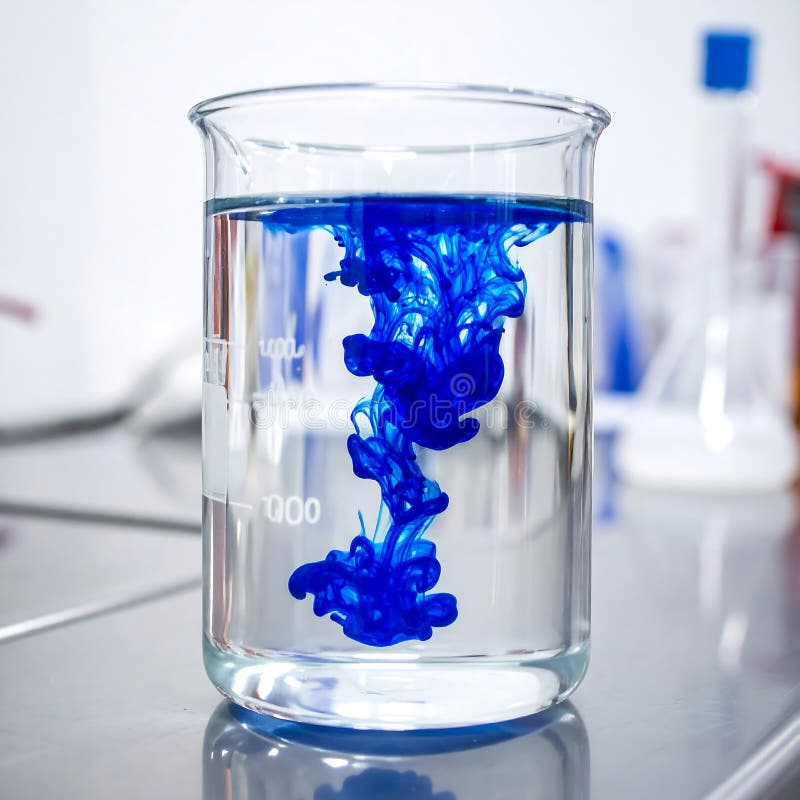 Blue Dye Swirling into Clear Liquid Inside a Beaker. Represents Science ...