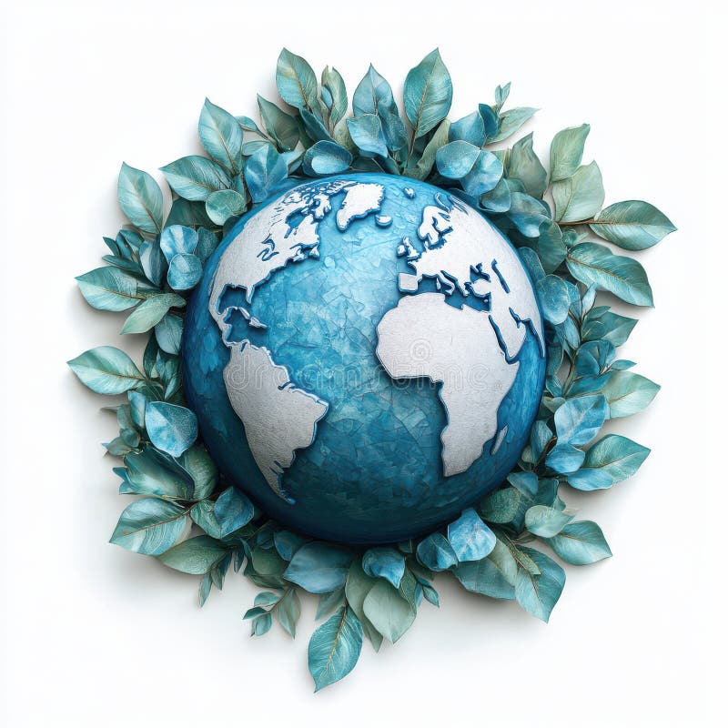 Blue Earth Globe Surrounded by Teal Leaves Environmental Conservation ...