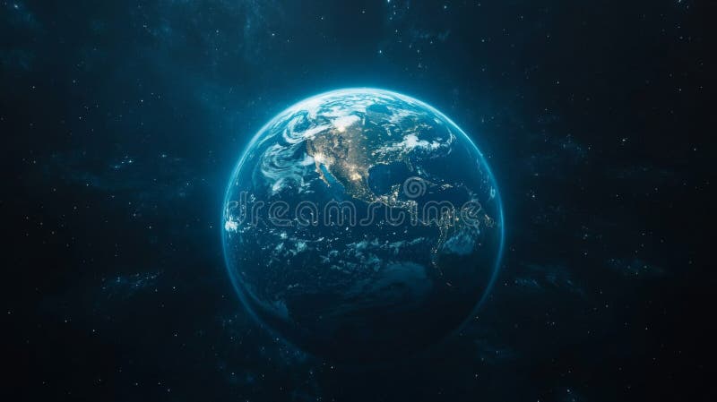 Blue Earth at Night Surrounded by Stars in Space Stock Illustration ...