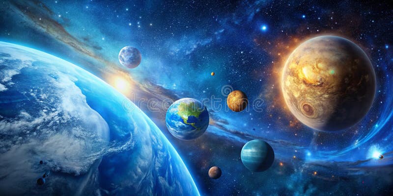 Blue Earth in Space with Solar System Elements Stock Illustration ...