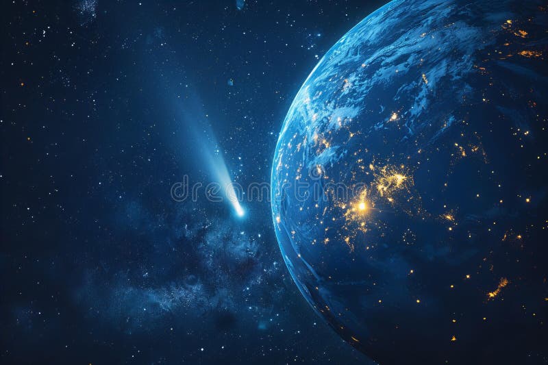 A Blue Earth in Space with the Starry Sky and a Bright Beam of Light ...