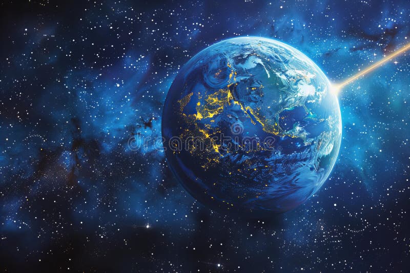 A Blue Earth in Space with the Starry Sky and a Bright Beam of Light ...
