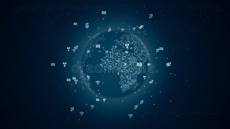 Blue Earth Sphere with Technology Icon and Communication Icon on ...