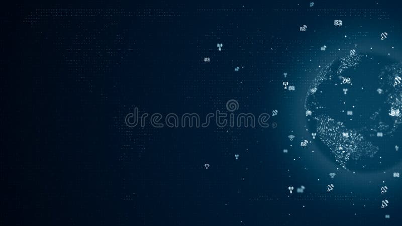 Blue Earth Sphere with Technology Icon and Communication Icon on ...