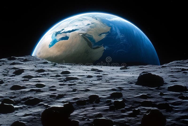 Blue Earth View from the Moon Surface Stock Illustration - Illustration ...
