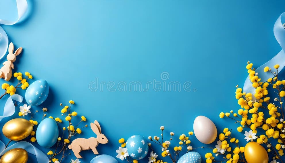 Blue Easter Background with Eggs and Spring Flowers Arranged As a Frame ...