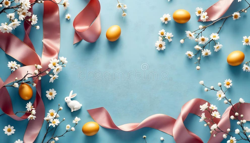 Blue Easter Background with Eggs and Spring Flowers Arranged As a Frame ...