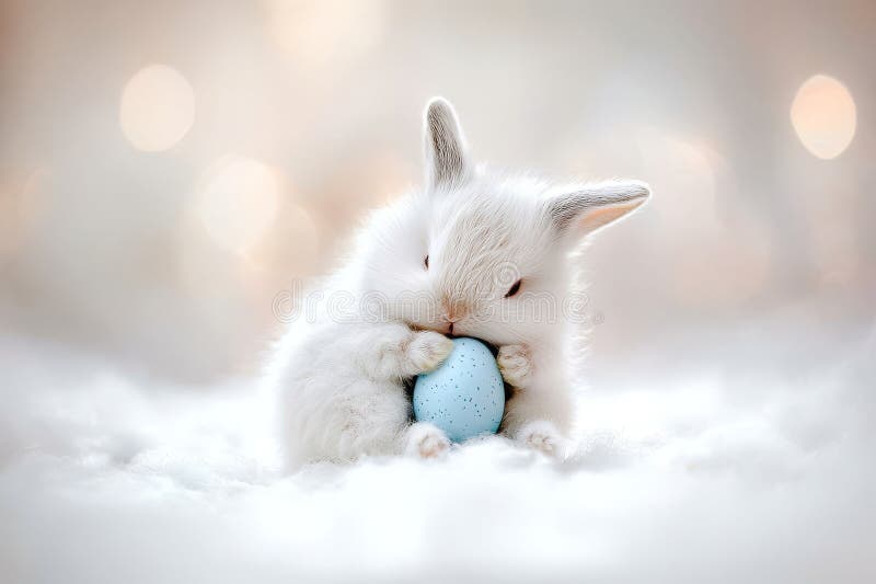 A Blue Easter Bunny Rabbit Holding a Blue Painted Egg Against a Blue ...