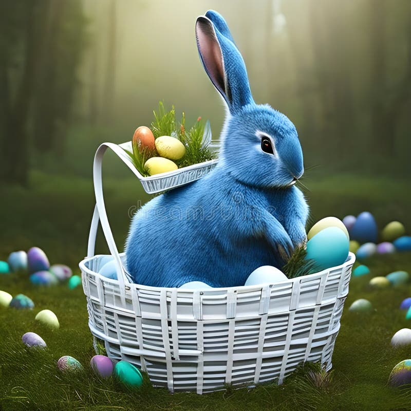 Blue Easter Bunny Sits in a Basket in a Forest Stock Illustration ...