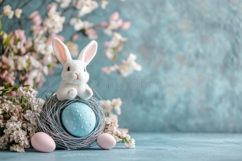A Blue Easter Egg Carried by the Easter Bunny, Set Against a Blue ...