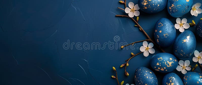 Blue Easter Eggs with Golden Speckles and Flowers on a Navy Blue ...