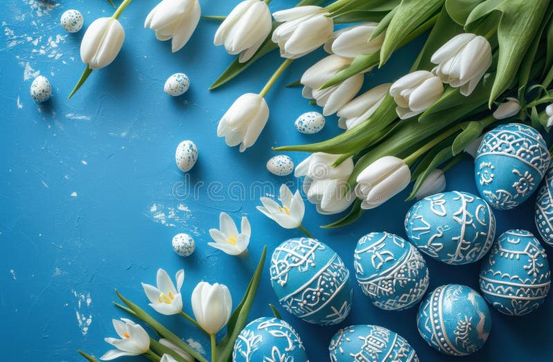 Blue Easter Eggs and Tulips on Blue Background Stock Image - Image of ...