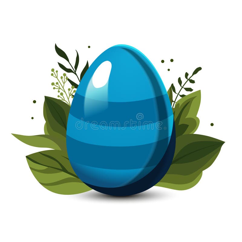 Blue Easter Striped Egg with Green Leaves and Branch on Background ...