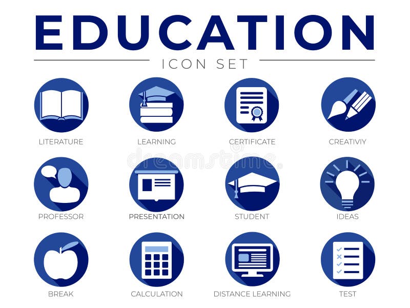 Blue Education Icon Set with Literature, Learning, Certificate ...