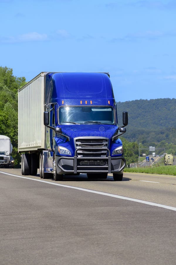 Blue Eighteen Wheeler Vertical Format with Copy Space Stock Photo ...