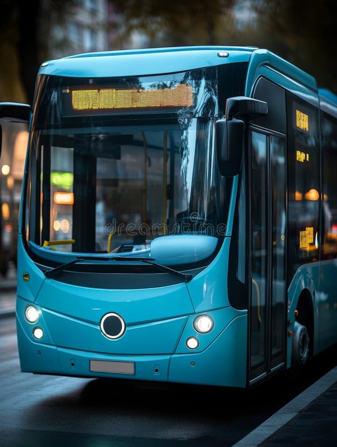 Blue Electric Bus Illuminated at Night in Urban Setting Symbolizing ...