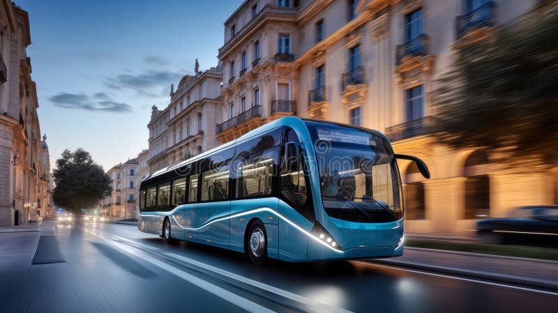 Blue Electric Bus on the Street, Long Exposure Stock Illustration ...