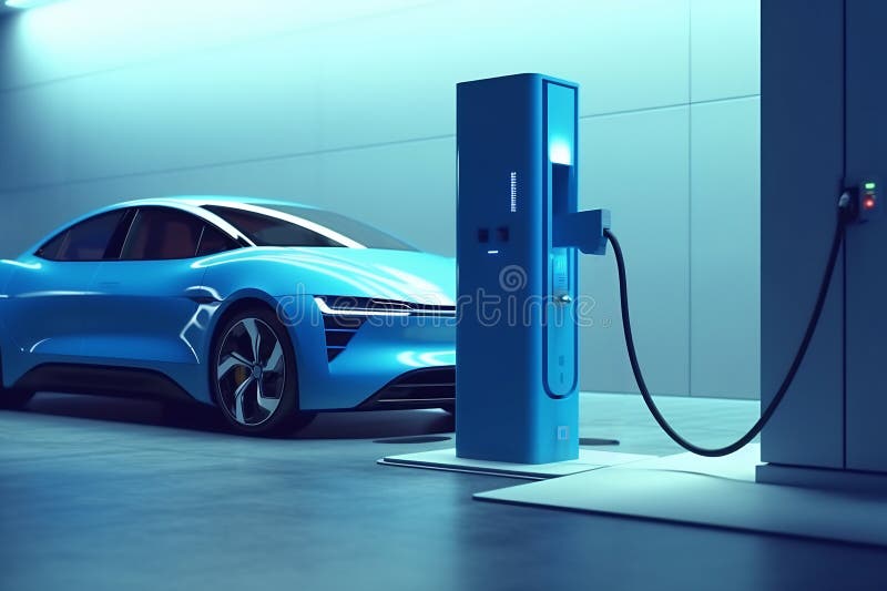 Blue Electric Car Charging at a Charging Station in a Modern Garage ...