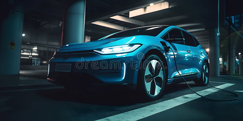 Blue Electric Vehicle is Charging in EV in Underground Charging Station ...