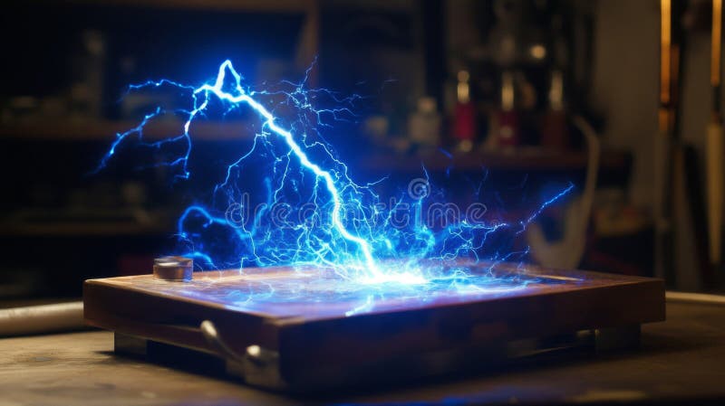 Blue Electrical Discharge on Wooden Table Stock Illustration ...