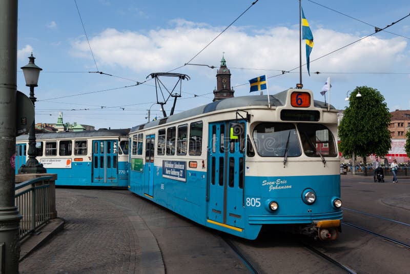 Blue Electrical Tram in Gothenburg, Sweden Editorial Photography ...